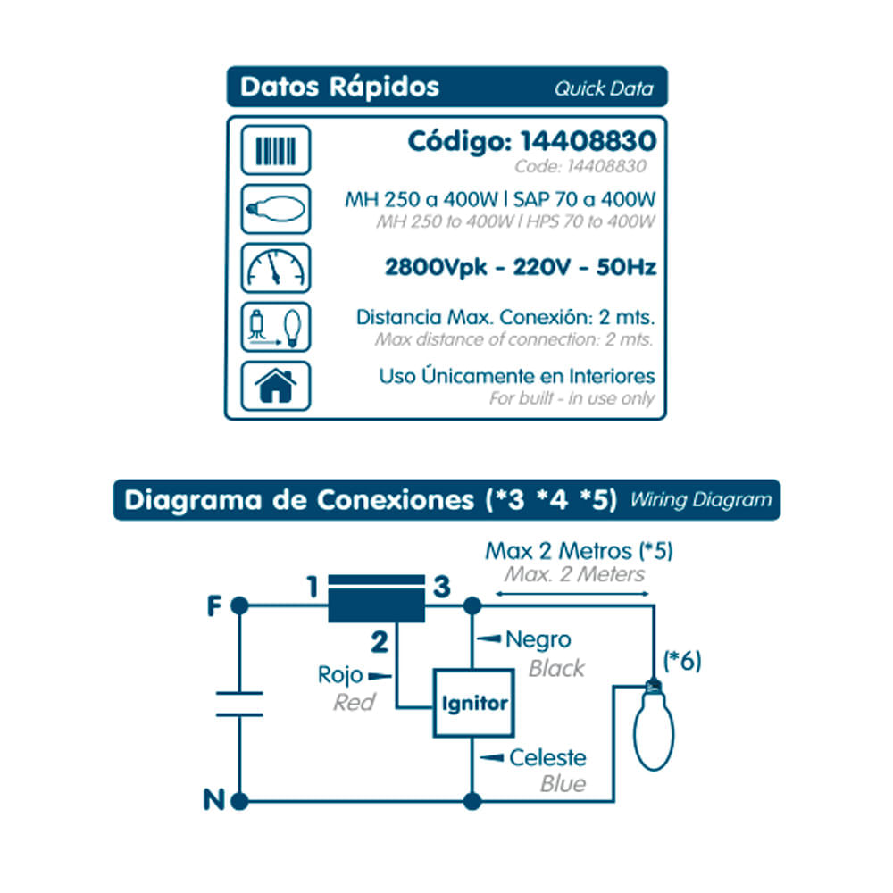 Ignitor Derivacion Sap 70W A 400W/Mh 250W A 400W - Pelba